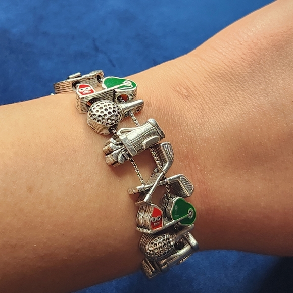 Jewelry | Vintage 8s Enamel Golf Charm Slide Silver Bracelet | Poshmark